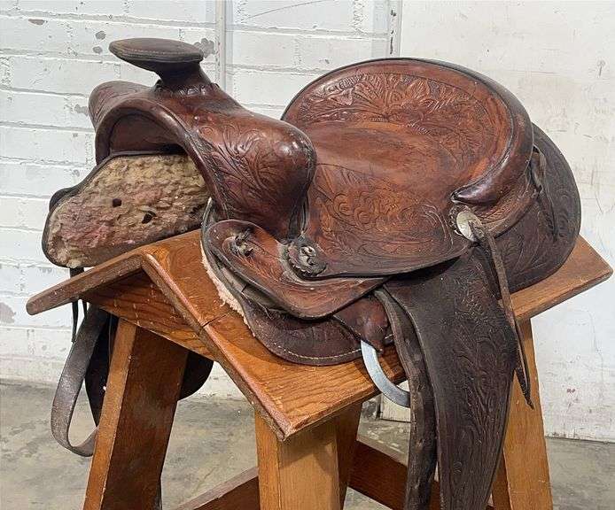 Hand-Tooled Leather Western Saddle with 14" Seat, No Stirrups. Features ...