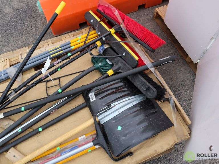 Pallet of Assorted Push Tools; Brooms, Rakes, Shovels, etc - Roller ...