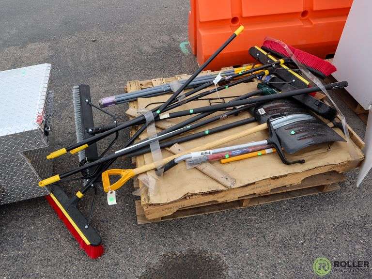 Pallet of Assorted Push Tools; Brooms, Rakes, Shovels, etc - Roller ...