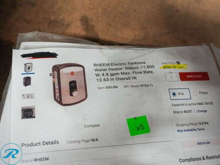 Rheem RTEX-11 Electric Tankless Water Heater, 240V - Roller Auctions