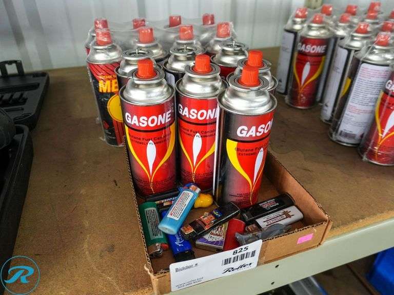(15) Cans of Gasone, Mega and Butane Fuel Canisters, (11) Lighters ...
