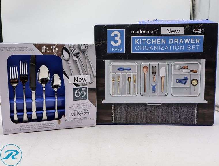 Mikasa 65 pc 18/10 Stainless Steel Silverware - New; (1) Kitchen Drawer Organization 3pc Set ...