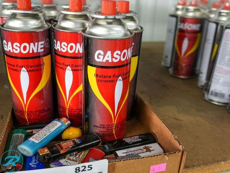 (15) Cans of Gasone, Mega and Butane Fuel Canisters, (11) Lighters ...
