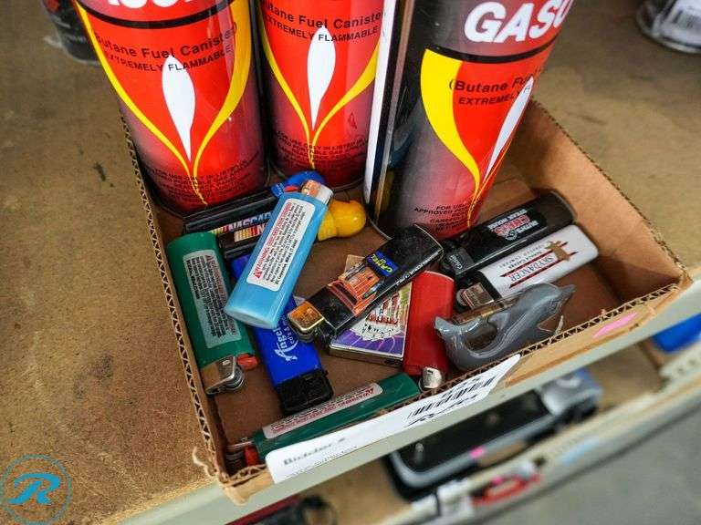 (15) Cans of Gasone, Mega and Butane Fuel Canisters, (11) Lighters ...