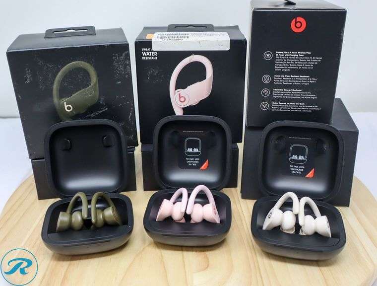 (3) Powerbeats Pro: Pink, Moss Green, & White - Like New - Roller Auctions