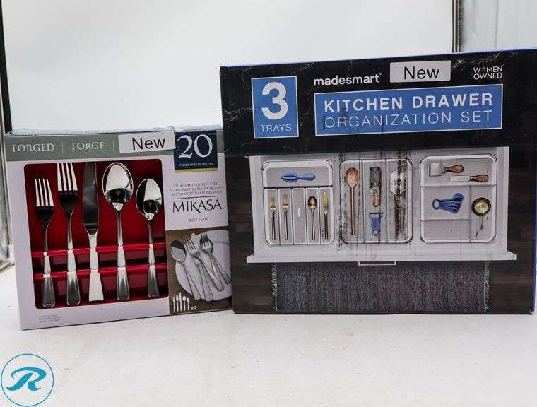 Mikasa 20 pc 18/10 Stainless Steel Silverware - New; (1) Kitchen Drawer Organization 3pc Set ...