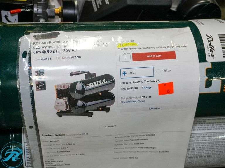 Rolair FC2002 4.3-Gallon Twin Tube Air Compressor, 2Hp, 120V - Roller ...