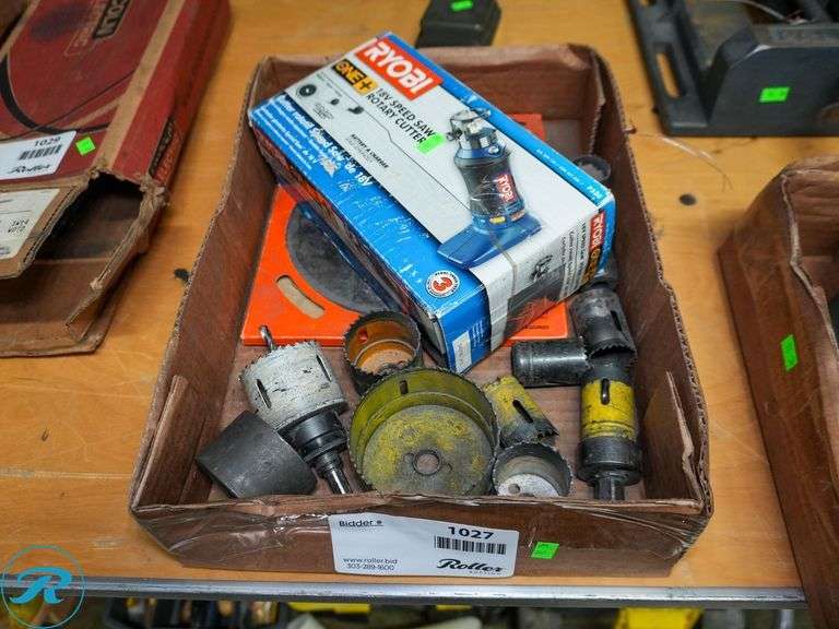 Tray of Hole Saws, Saw Blades and Ryobi P530 Rotary Cutter - Roller ...