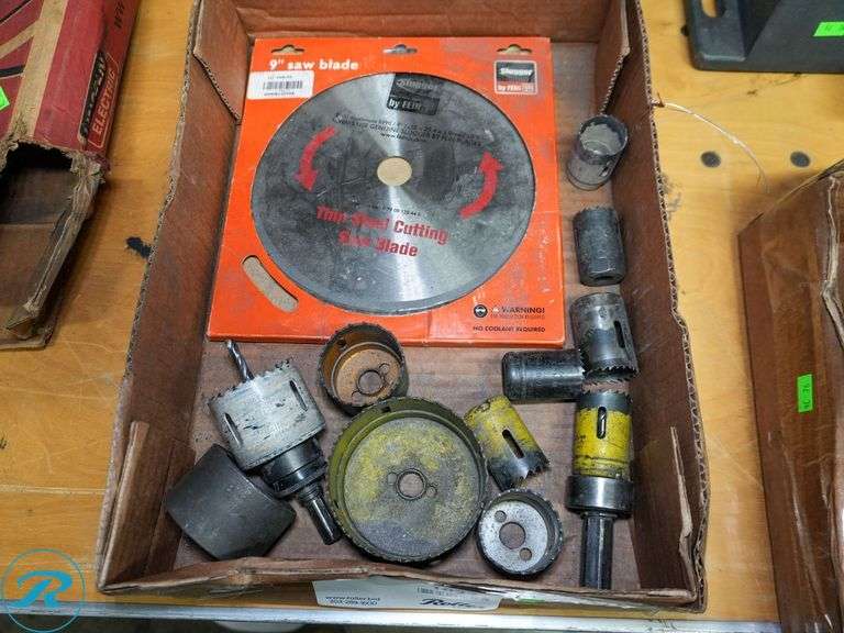 Tray of Hole Saws, Saw Blades and Ryobi P530 Rotary Cutter - Roller ...