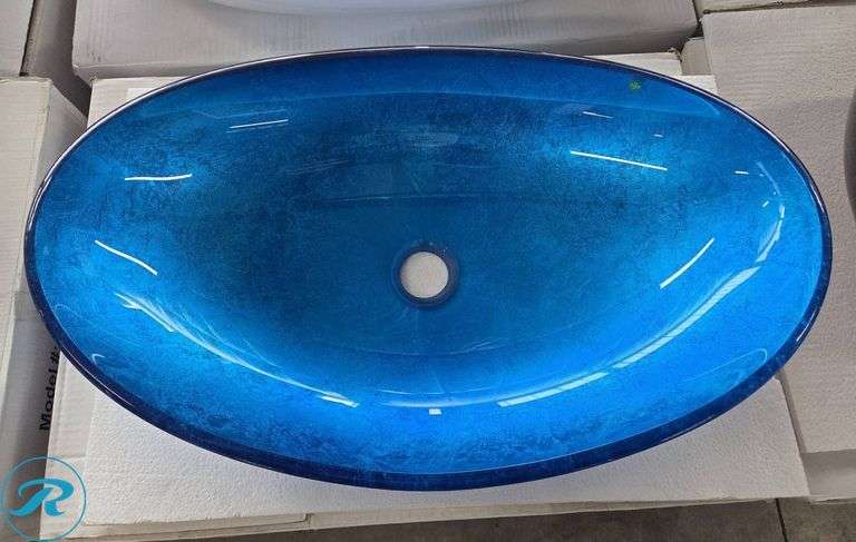 Blue Glass Vessel Bathroom Sink Oval Design - Roller Auctions