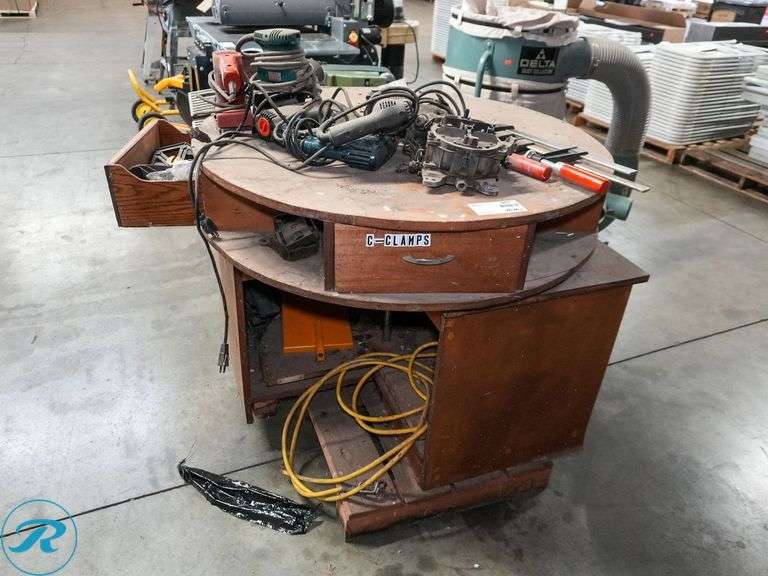 Wood Rotating Workbench With Assorted Power Tools - Roller Auctions