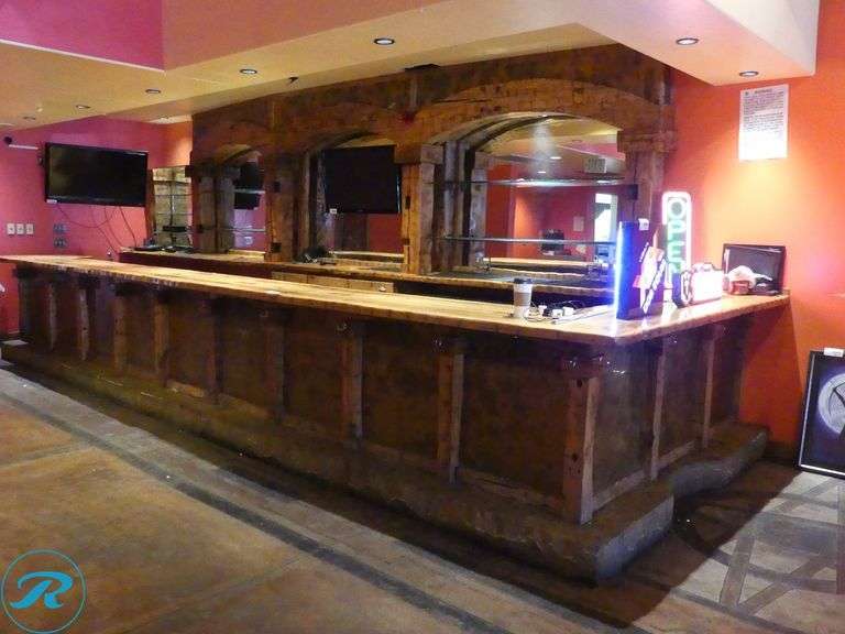 Reclaimed Wood Horseshoe Bar With 3-Arch Back Bar, Back Bar 26ft x 2ft ...