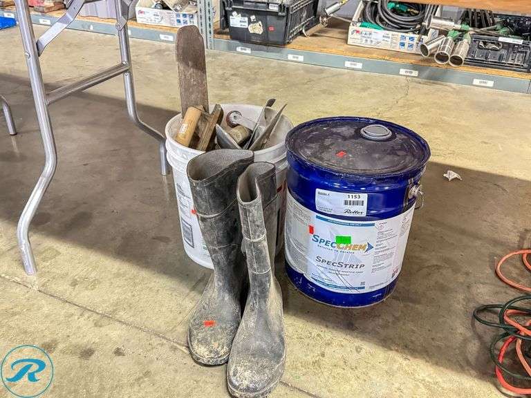 Rubber Boots, Bucket of Concrete Tools and Spec Chem Release Agent ...