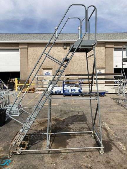(1) Used- Metal Rolling Platform Ladder w/ Locking Wheels overall ...