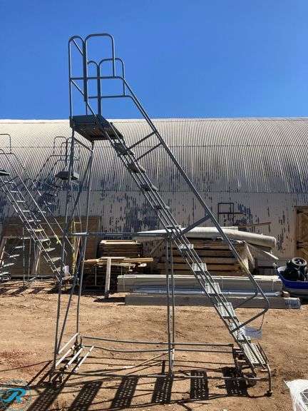 Used- Metal Rolling Platform Ladder with Locking Wheels Overall ...