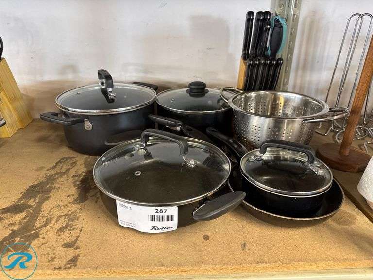 Cookware Set with Moss & Stone Knife Block and Utensils - Roller Auctions