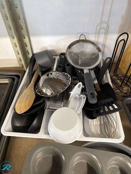 Shelf of Assorted Cookware and Utensils, Including Pots, Pans, and Baking Trays - Roller Auctions