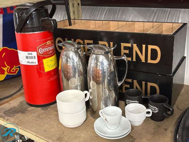 Assorted Coffee Service Items Including Two Thermal Carafes, Mugs, and ...