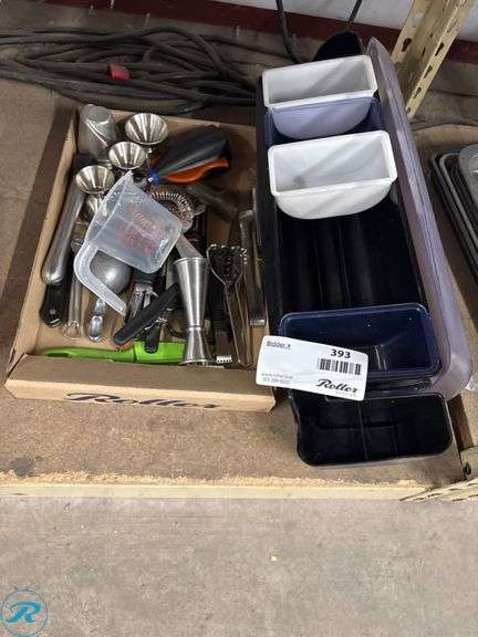 Collection of Bar Tools, Measuring Cups, and Condiment Holders - Roller ...