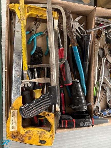 Assorted Hand Tools, Torch Tank, Sandpaper Roll, and Tool Storage ...
