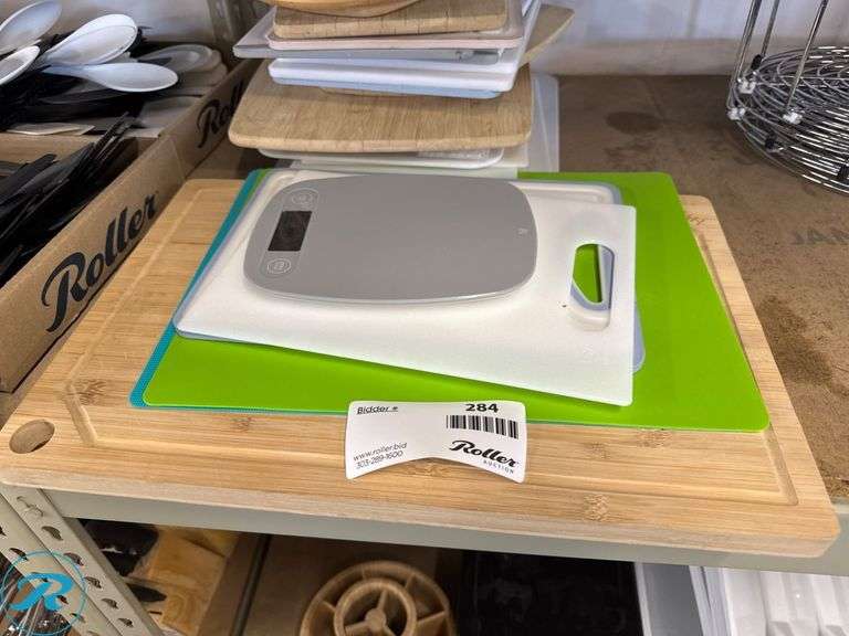 Assorted Bamboo and Plastic Cutting Boards with Kitchen Scale - Roller ...