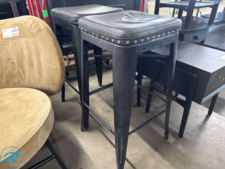 Set of Two Black Metal Stools With Padded Seats and Stud Detailing - Roller Auctions