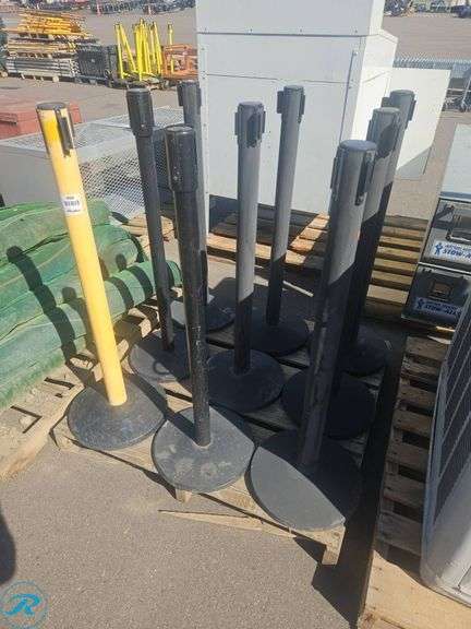 (9) Assorted Black Crowd Control Stanchions with Round Bases - Roller ...
