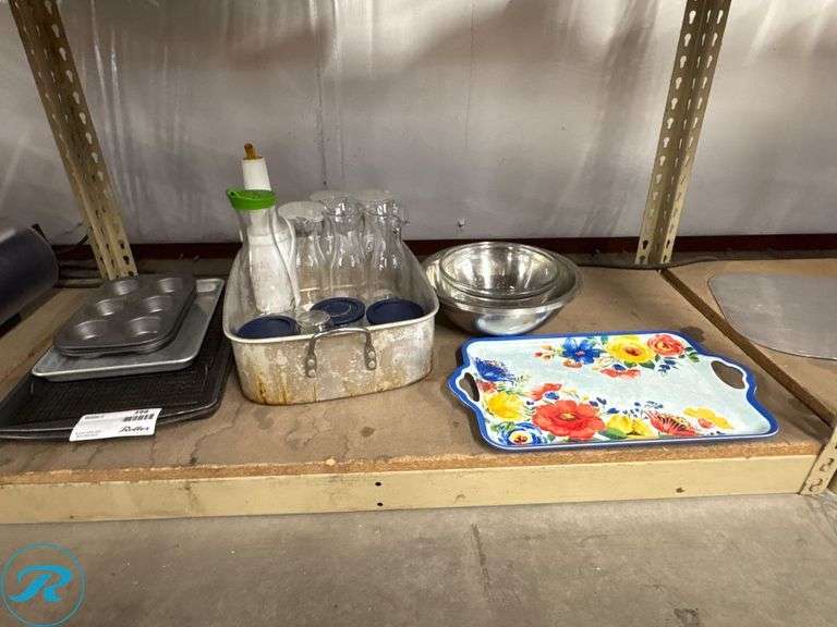 Assorted Kitchenware Including Metal Pans, Glassware, Mixing Bowls, and Floral Serving Tray ...