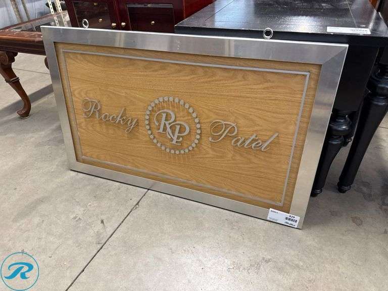 Illuminated Rocky Patel Sign with Wood and Metal Frame, Missing Head Of ...