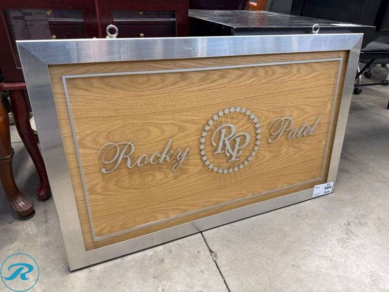 Illuminated Rocky Patel Sign with Wood and Metal Frame, Missing Head Of ...