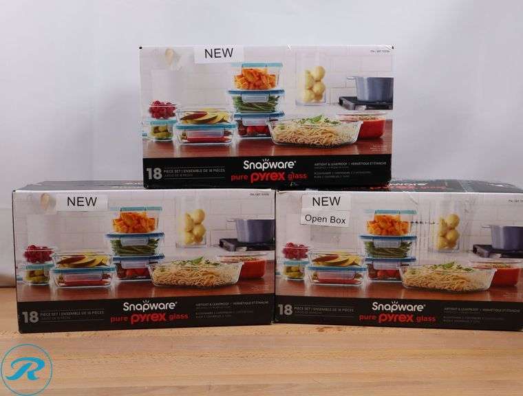 (3) Snapware Pyrex 18-piece Glass Food Storage Set - New - Roller Auctions