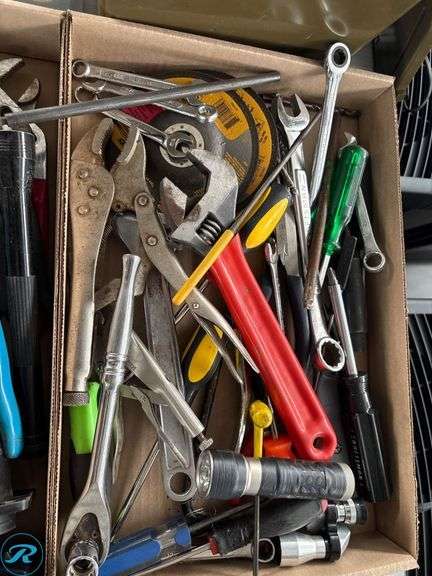 Assorted Hand Tools, Torch Tank, Sandpaper Roll, and Tool Storage ...