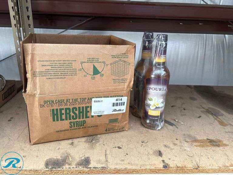 Box of Hershey’s Syrup in Bag and Two Bottles of Upouria French Vanilla ...