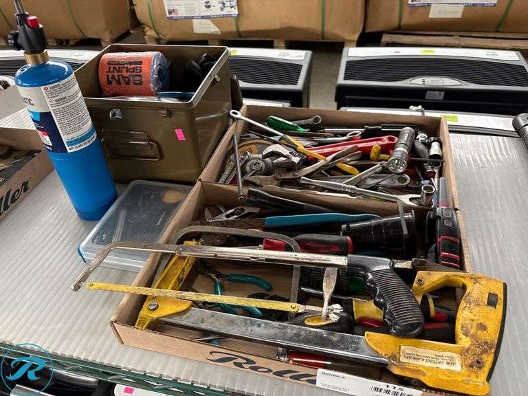 Assorted Hand Tools, Torch Tank, Sandpaper Roll, and Tool Storage ...
