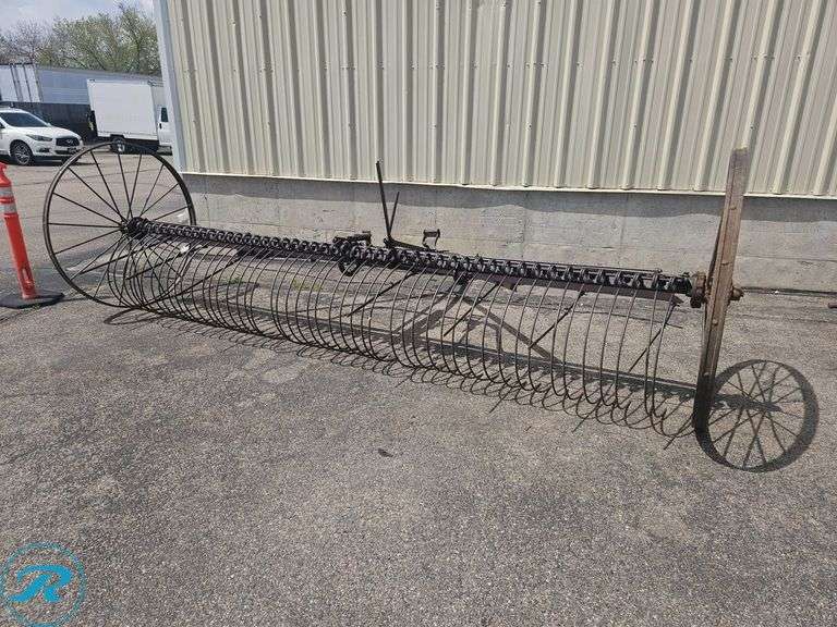 Metal Horse-Drawn Hay Rake with Spoked Wheels - Roller Auctions