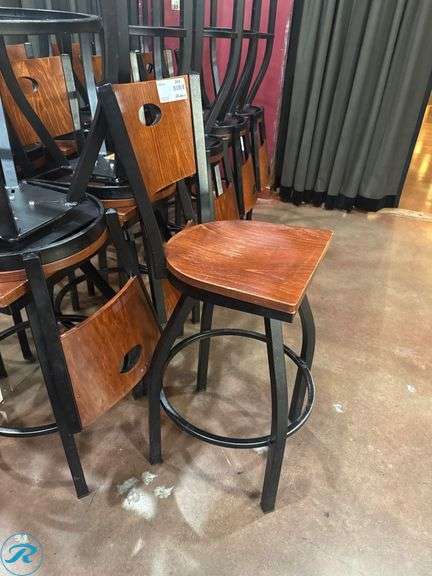 (21) Swivel Wood-Seat Bar Stools with Black Metal Frames - Roller Auctions