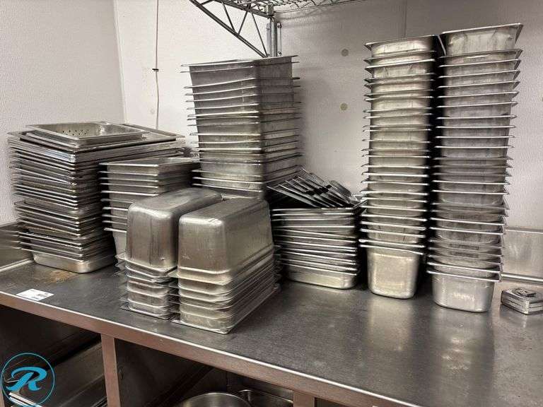 (3) Shelves of Stainless Steel Steam Table Inserts with Assorted Lids ...