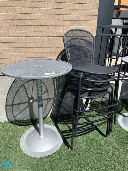 Outdoor Metal Bistro Table and Four Matching High-Back Stools - Roller Auctions