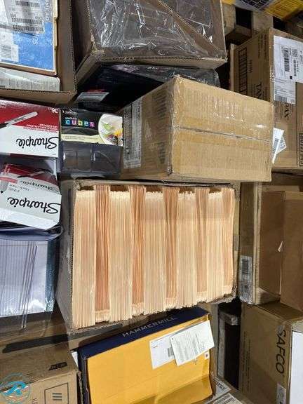 Pallet of Office Supplies Including Pens, File Folders, Envelopes, and More - Roller Auctions