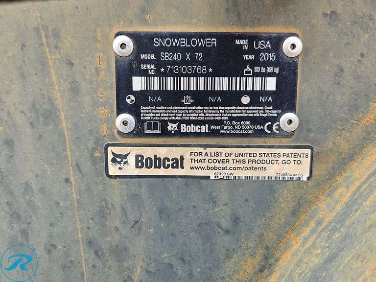2015 Bobcat SB 240 72" Hydraulic Snowblower Attachment To Fit Skid Steer Loader - Roller Auctions