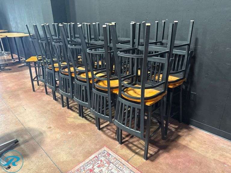 (27) Black Metal Bar Stools with Wooden Seats - Roller Auctions