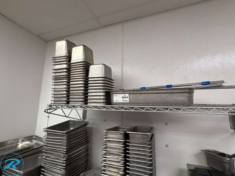 (3) Shelves of Stainless Steel Steam Table Inserts with Assorted Lids ...