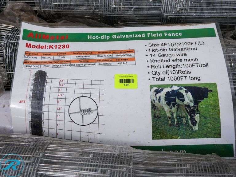 (10) New Rolls of All Metal K1230 Hot-Dip Galvanized Field Fence, 4' H x 100' L, 14-Gauge Wire ...