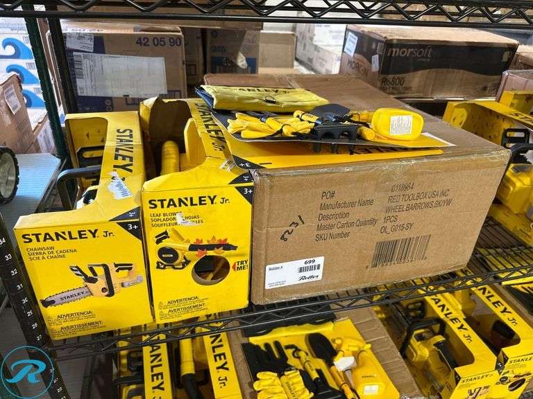 (4) Stanley Jr. Kids’ Garden and Tool Set, Wheelbarrow, Leaf Blower ...