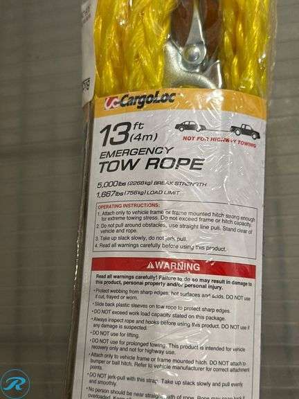 Cargoloc Emergency Tow Rope, 13 ft, 5,000 lbs Break Strength - Roller ...