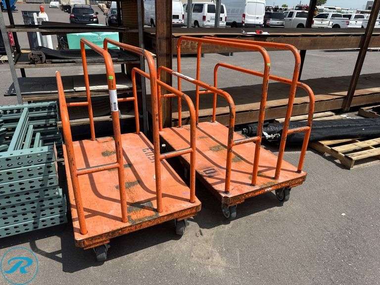 (2) Heavy-Duty Orange Steel Platform Carts with Handrails - Roller Auctions