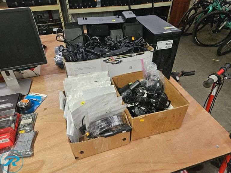 Box Lot of HP Desktop Computer, Power Adapters, and Assorted Electronics Accessories - Roller ...