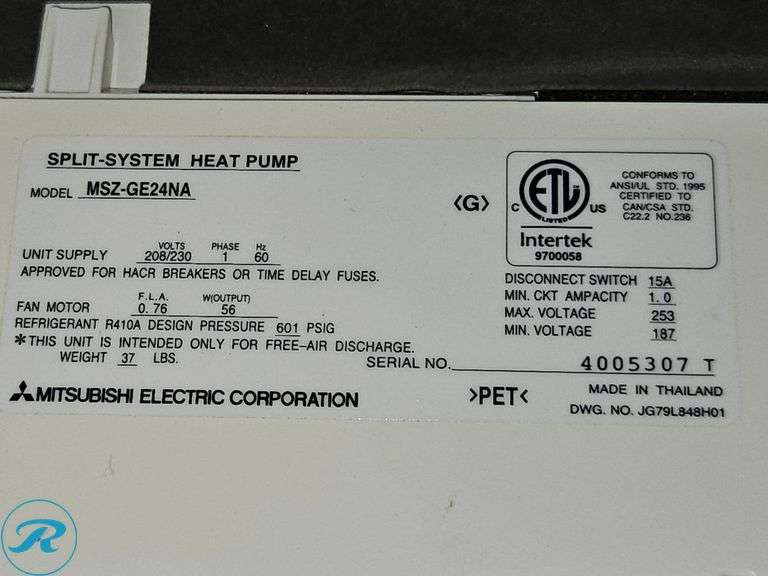 Mitsubishi Electric MZ-GL24NA Split System Heat Pump - Roller Auctions