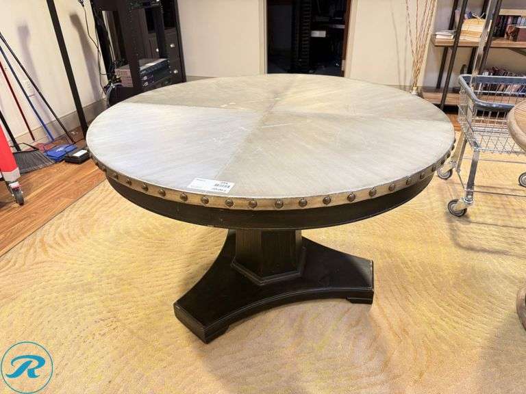 Round Metal-Top Table with Nailhead Trim and Wooden Base, 48 in ...