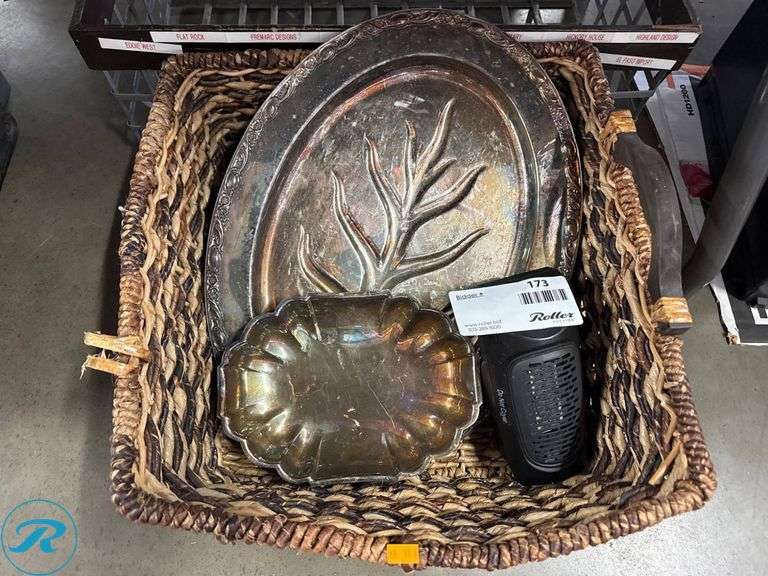 Wicker Basket with Decorative Silver-Tone Serving Trays and Handheld Vacuum - Roller Auctions